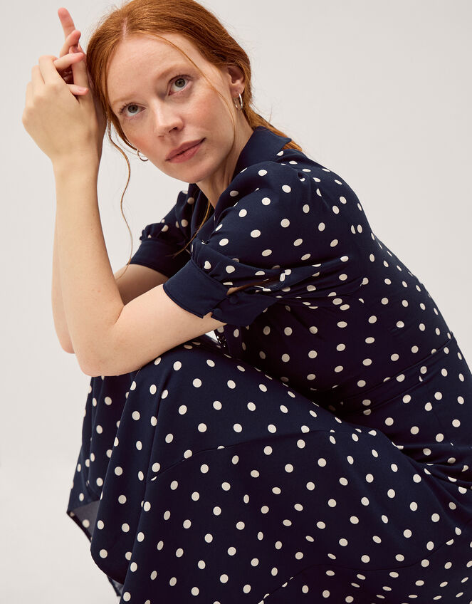 Kate Puff Sleeve Polka Dot Midi Dress Blue | Evening Dresses | Monsoon ...