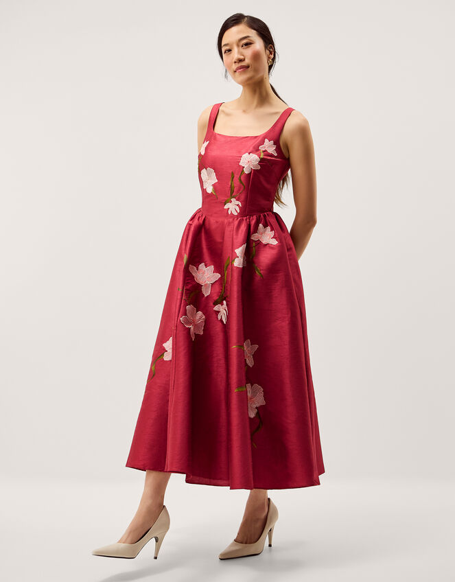 Anya Floral Embroidered Fit & Flare Midi Dress Pink | Evening Dresses ...