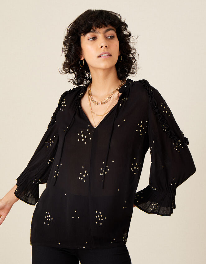 Mattie Frill Tie Neck Embellished Top Black