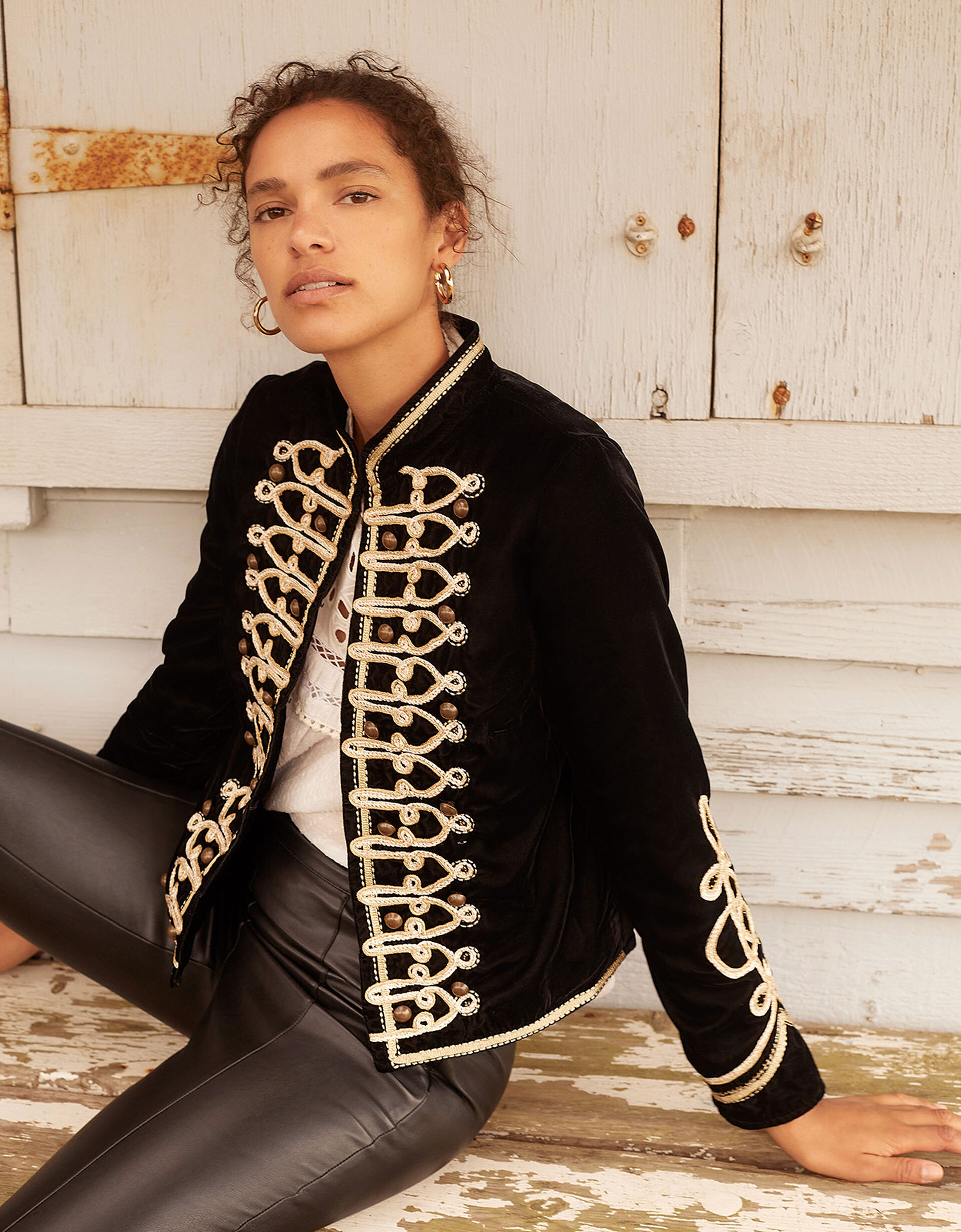 Embroidered Velvet Military Jacket Black