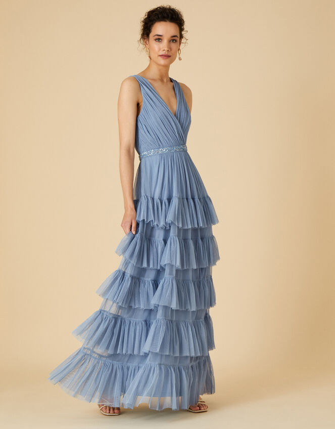 Tilly Tiered Maxi Dress in Recycled Polyester Blue | Evening Dresses ...