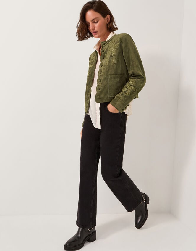 Ari Embroidered Faux Suede Jacket Green | Women's Jackets | Monsoon Global.