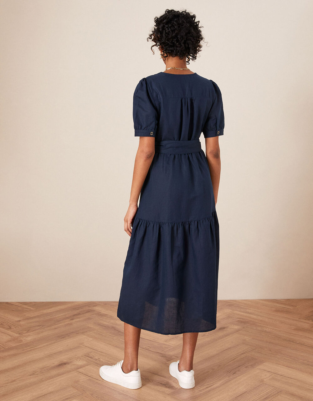 Plain Midi Dress in Linen Blend Blue