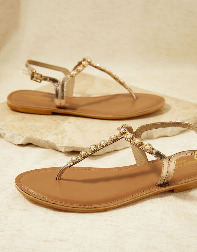 Floral Embellished Leather Toe Post Sandals Gold