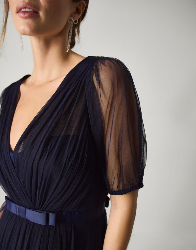 Ellie Sheer Sleeve Plunge Tulle Maxi Dress Blue | Evening Dresses ...