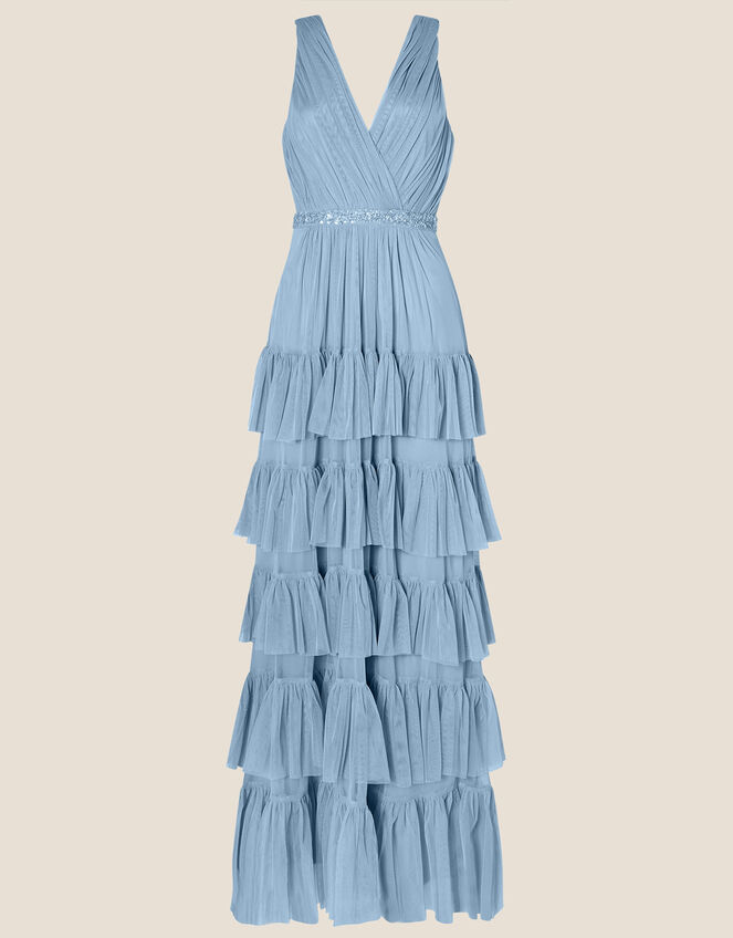 Tilly Tiered Maxi Dress in Recycled Polyester Blue | Evening Dresses ...