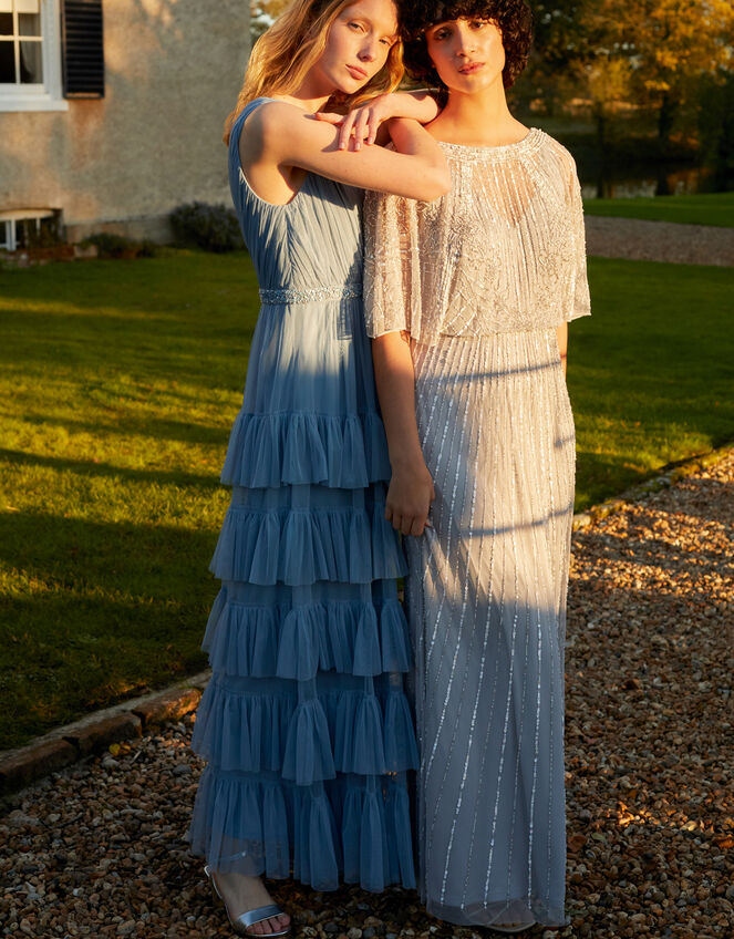 Tilly Tiered Maxi Dress in Recycled Polyester Blue | Evening Dresses ...