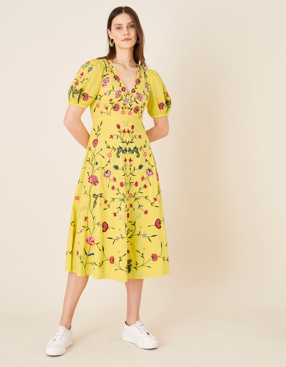 Delia Embroidered Tea Dress Yellow | Evening Dresses | Monsoon Global.