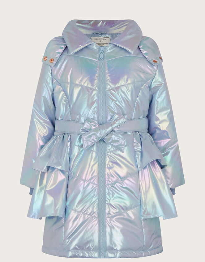Metallic Skirted Padded Coat with Hood Blue