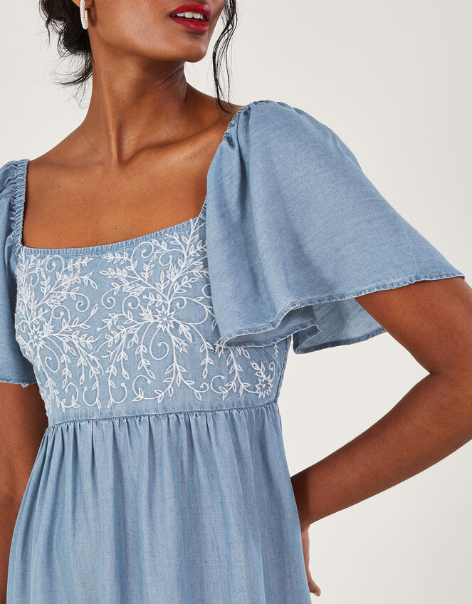 Embroidered Short Denim Dress Blue