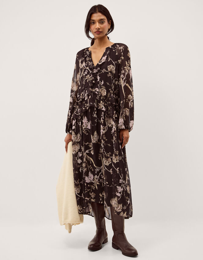 Jada Floral Print Ruffle Midi Dress Brown | Day Dresses | Monsoon US.