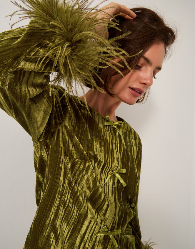 Olivia Feather Cuff Velvet Jacket Green | Women's Jackets | Monsoon ROI.