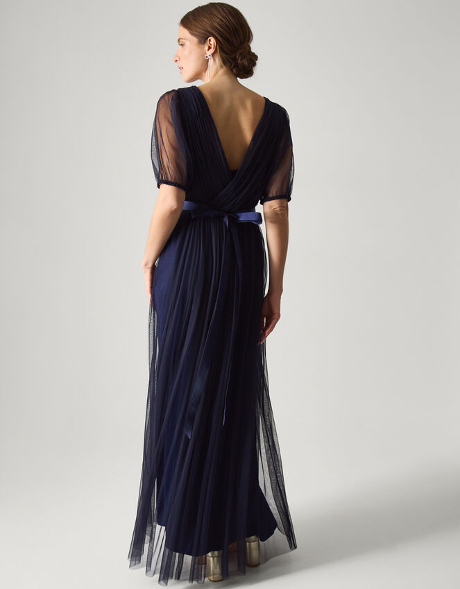 Ellie Sheer Sleeve Plunge Tulle Maxi Dress Blue | Evening Dresses ...