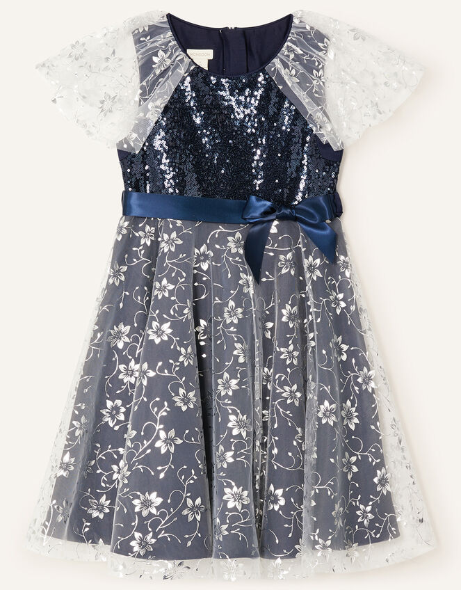 Sanchia Sequin Floral Print Dress Blue | Girls' Dresses | Monsoon Global.