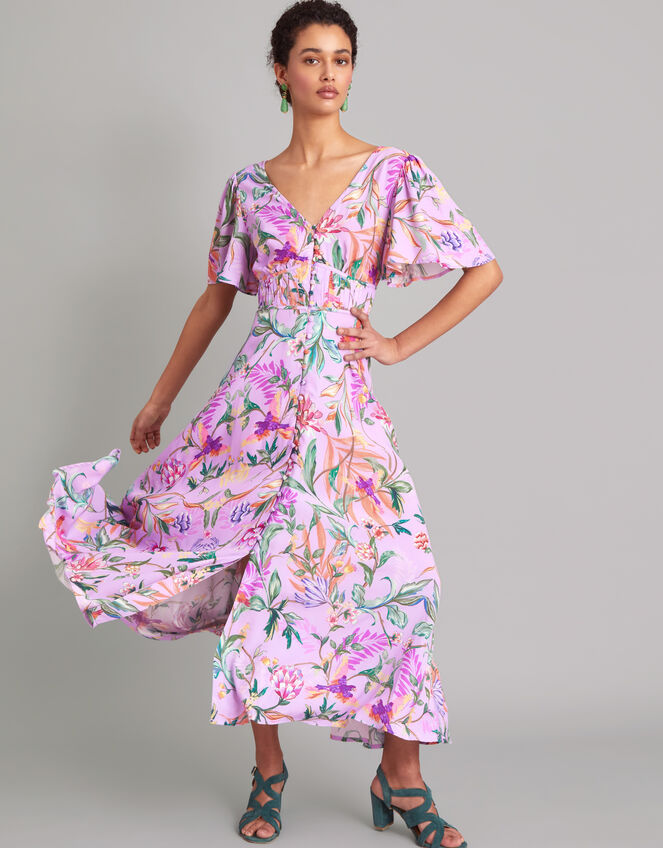 Calypso Print Midi Dress in Sustainable Viscose Purple | Evening ...