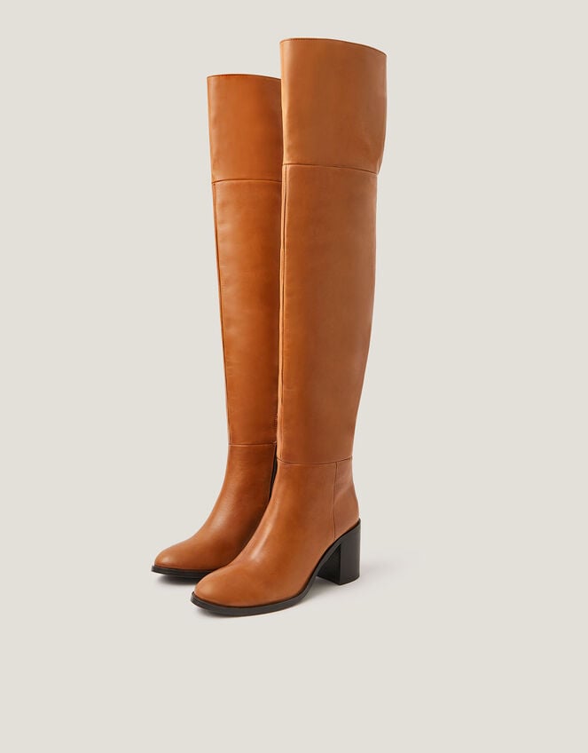 Bronte Leather Thigh High Heeled Boots Tan | Women's Shoes | Monsoon ROI.