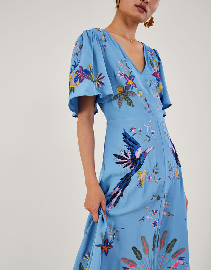 Audra Embroidered Tea Dress in Recycled Polyester Blue