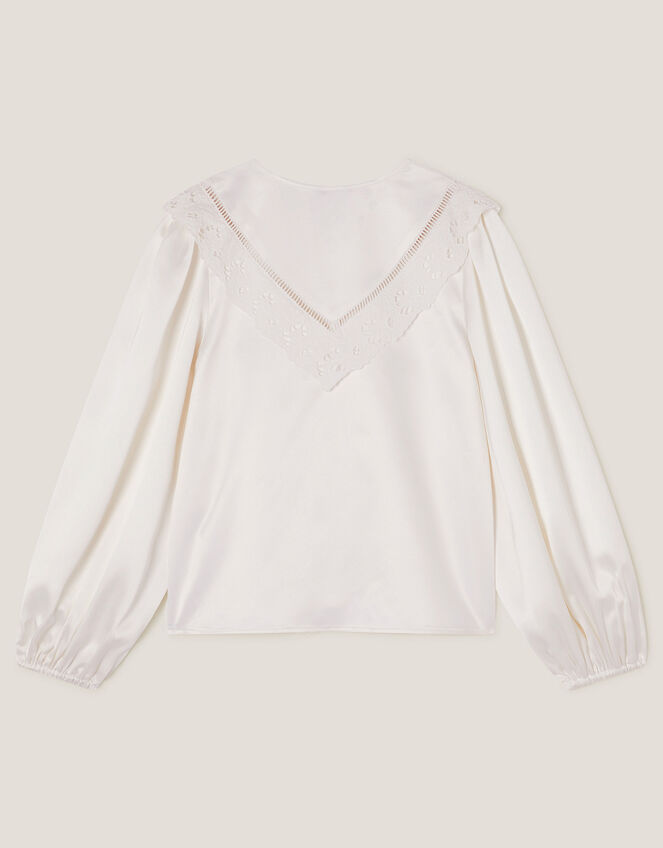 Embroidered Collar Satin Blouse Ivory
