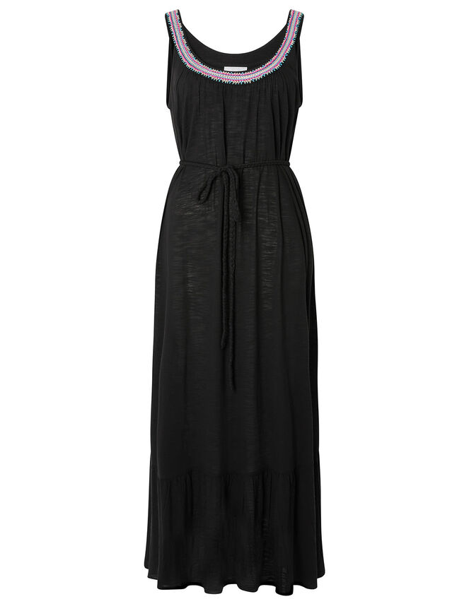 Embroidered Neck Jersey Dress in Black