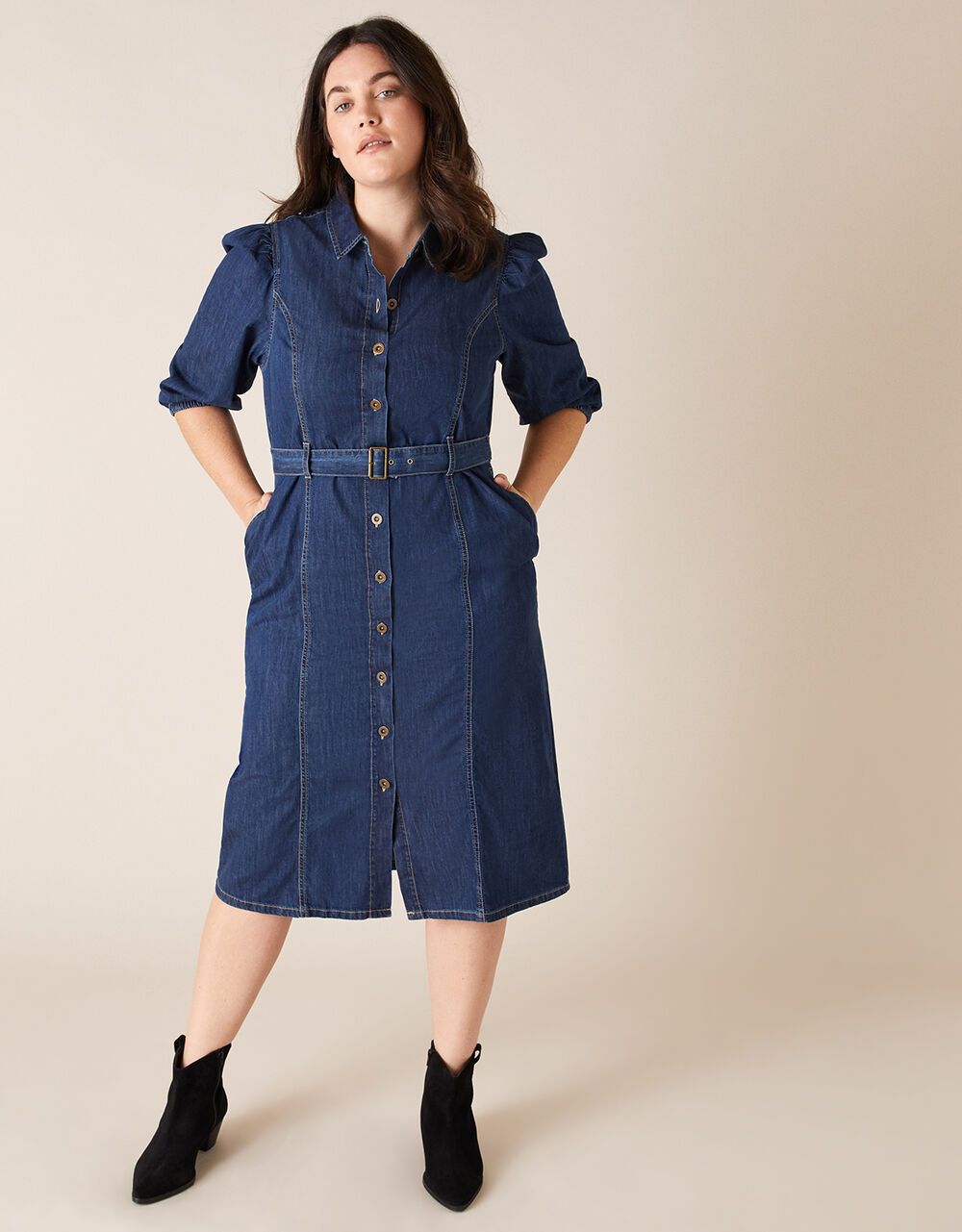 Belted Denim Midi Dress in Organic Cotton Blue | Day Dresses | Monsoon ...