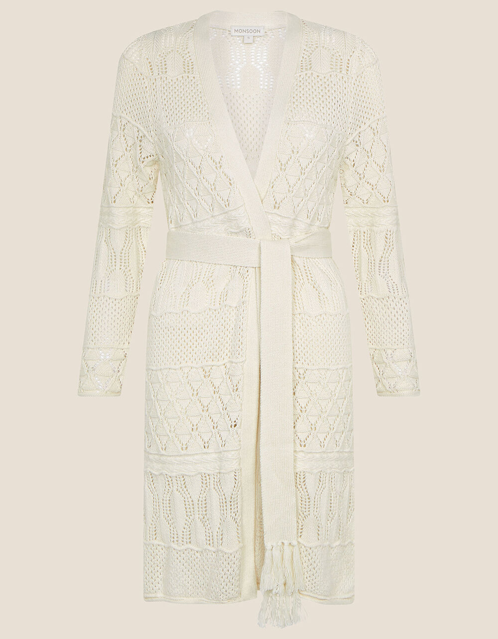 Crochet Stitch Longline Cardigan Ivory | Cardigans | Monsoon Global.