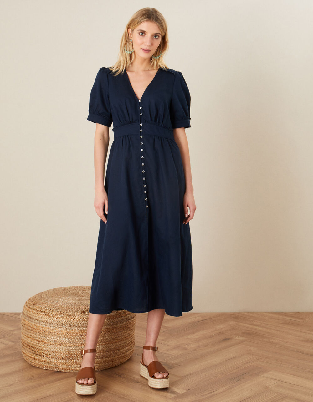 Midi Tea Dress in Linen Blend Blue | Day Dresses | Monsoon Global.