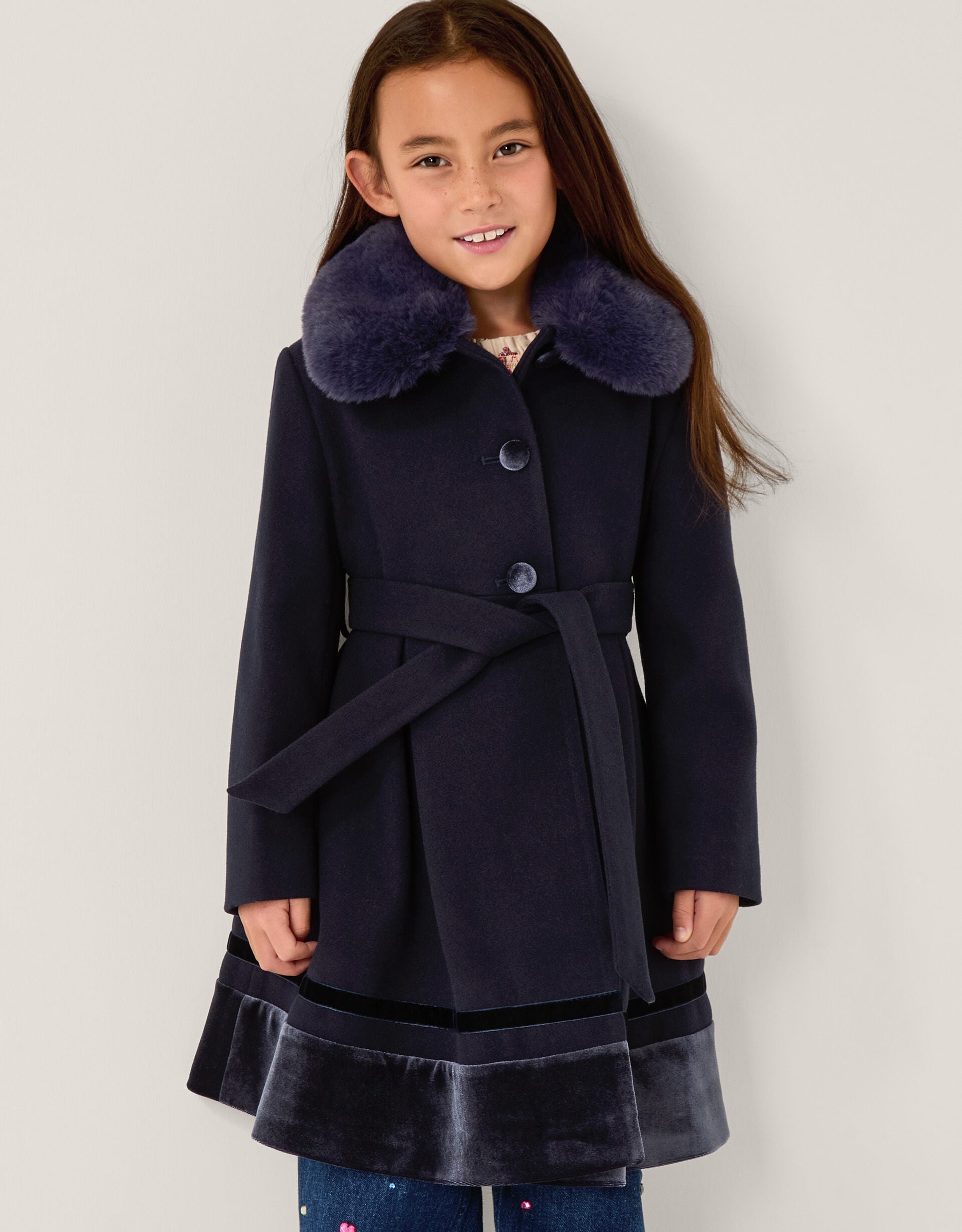 Velvet Trim Faux Fur Dress Coat Blue | Girls' Coats & Jackets | Monsoon ...
