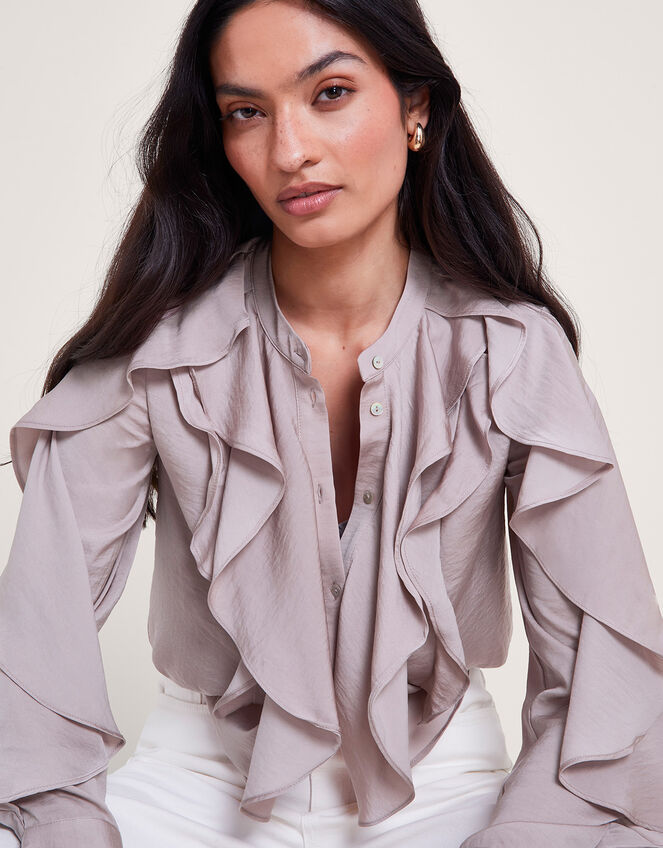 Lola Satin Ruffle Blouse Mink | Blouses & Shirts | Monsoon Global.