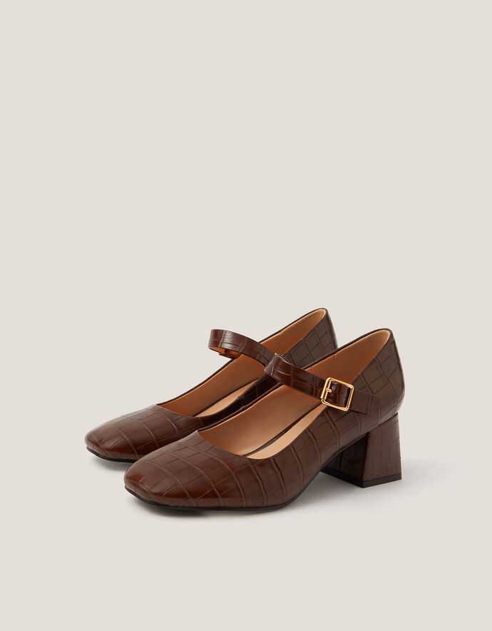 Jill Faux Croc Mary Jane Heels Brown | Women's Shoes | Monsoon Global.
