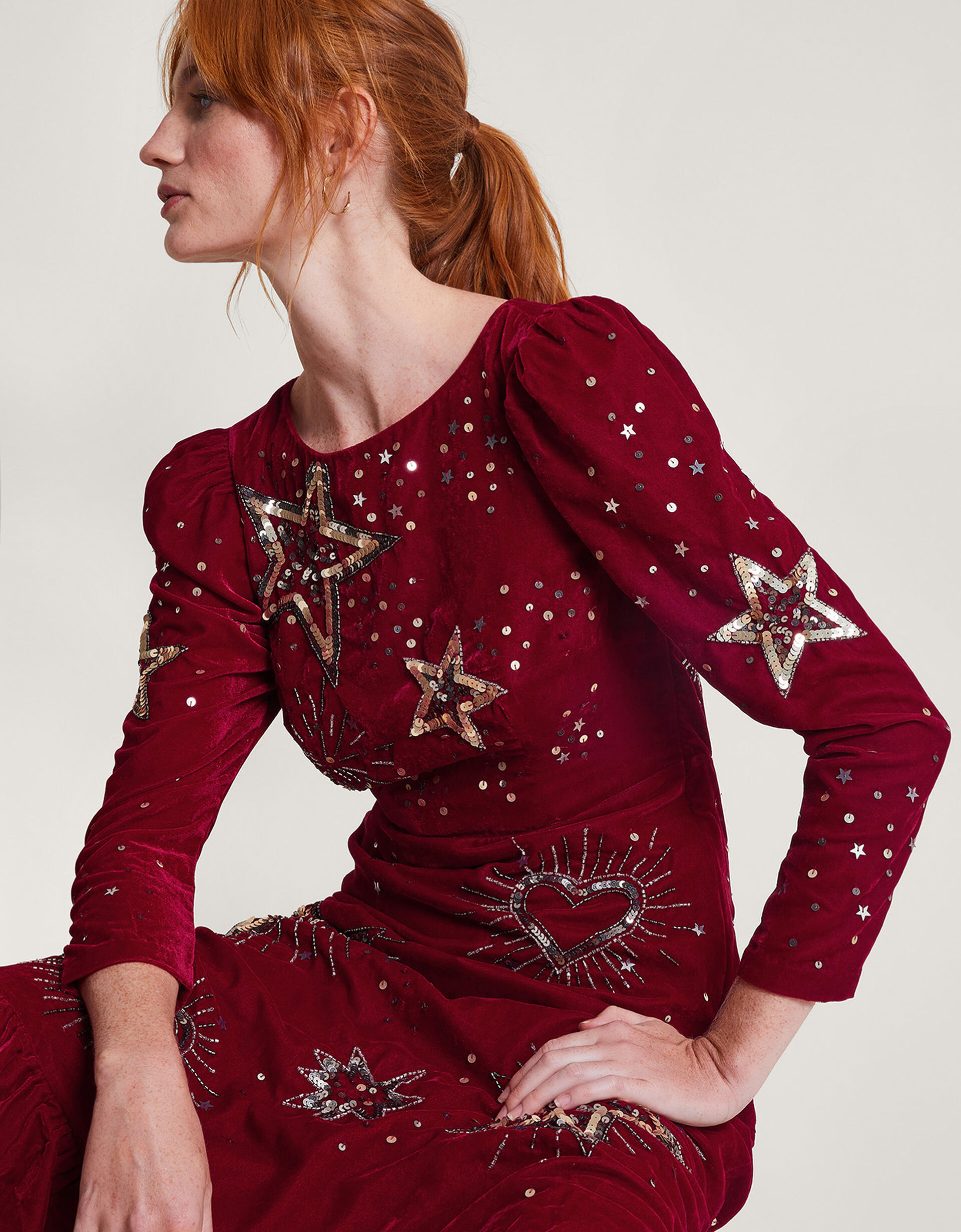 Kata Embellished Velvet Dress Red | Evening Dresses | Monsoon US.