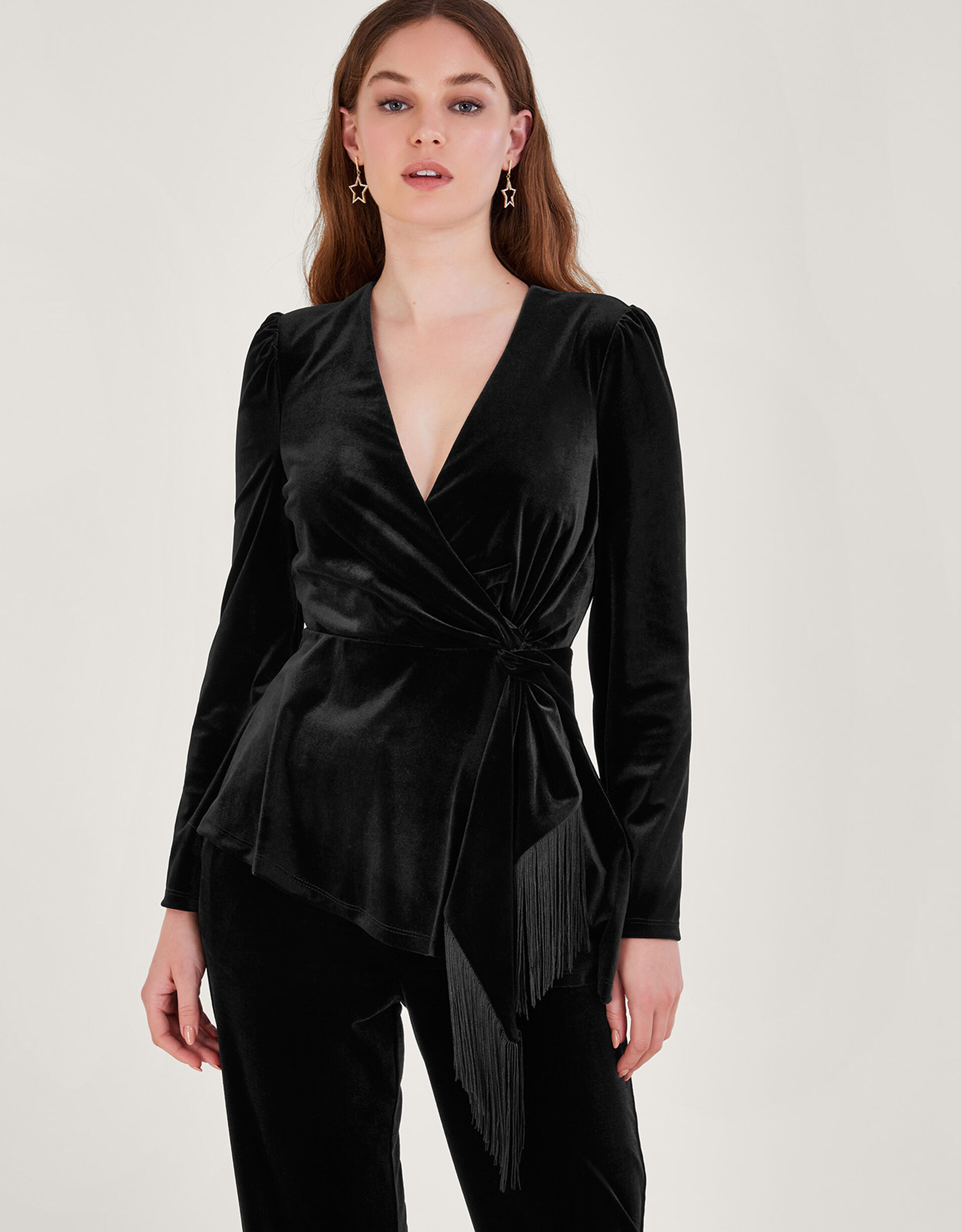 Flossie Velvet Fringe Wrap Top Black | Blouses & Shirts | Monsoon US.
