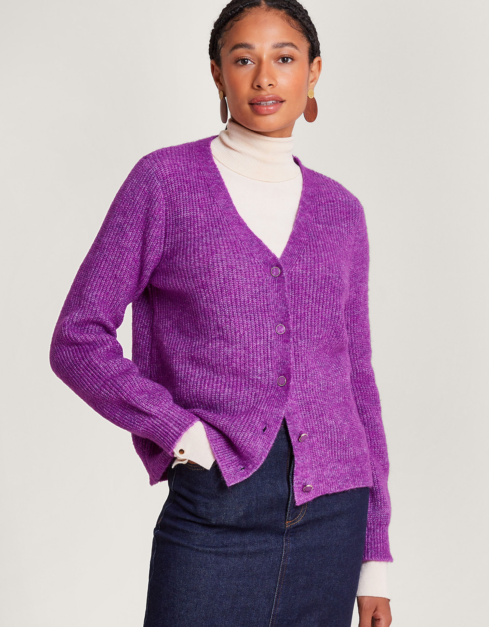 Super-Soft Ribbed Knit Cardigan Purple