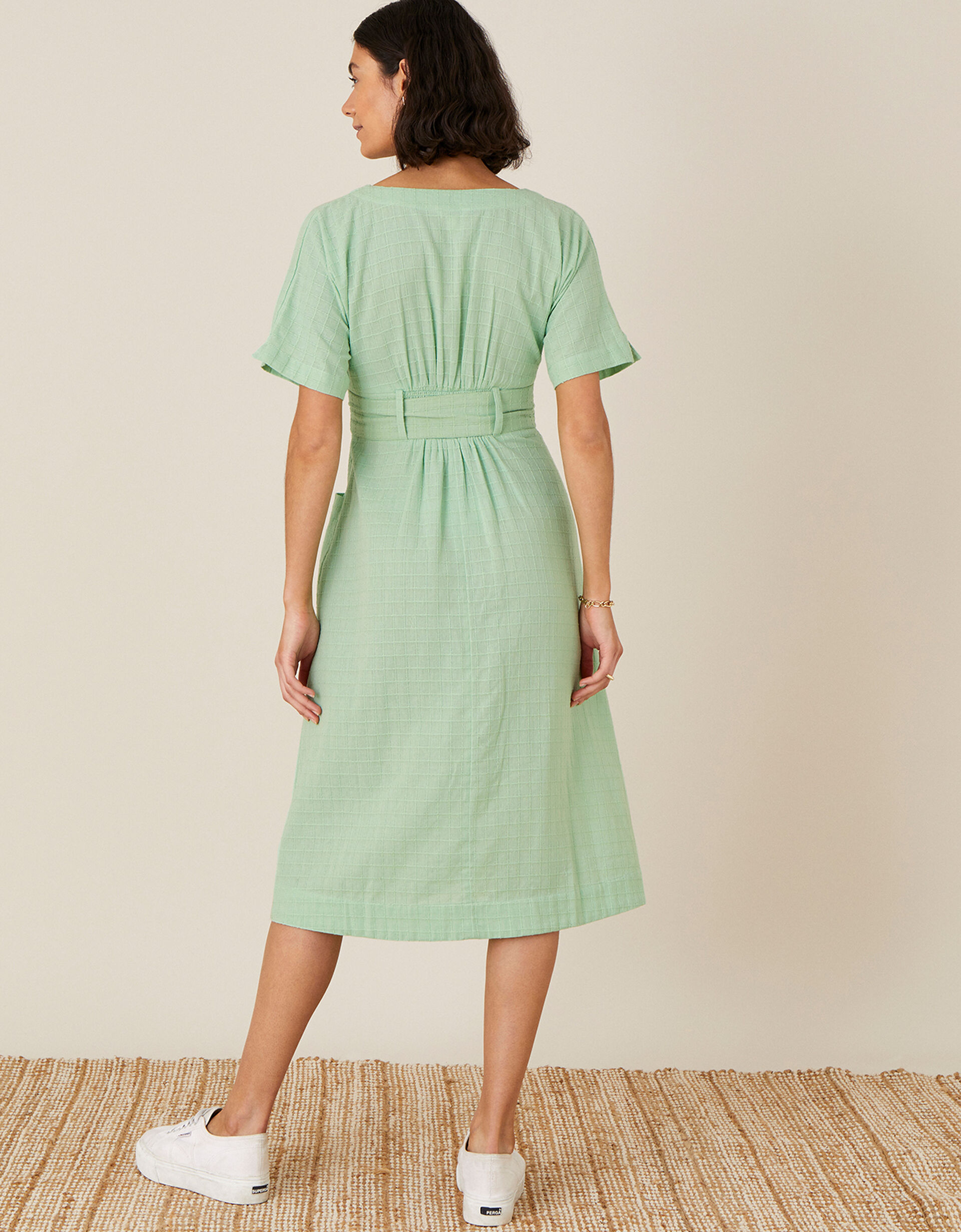 Crosshatch Midi Dress in Pure Cotton Green | Day Dresses | Monsoon US.