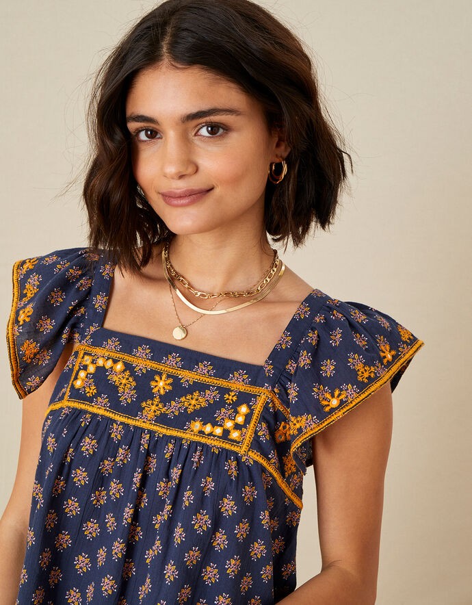 Embroidered Geo Print Top Blue | Tops & T-shirts | Monsoon US.