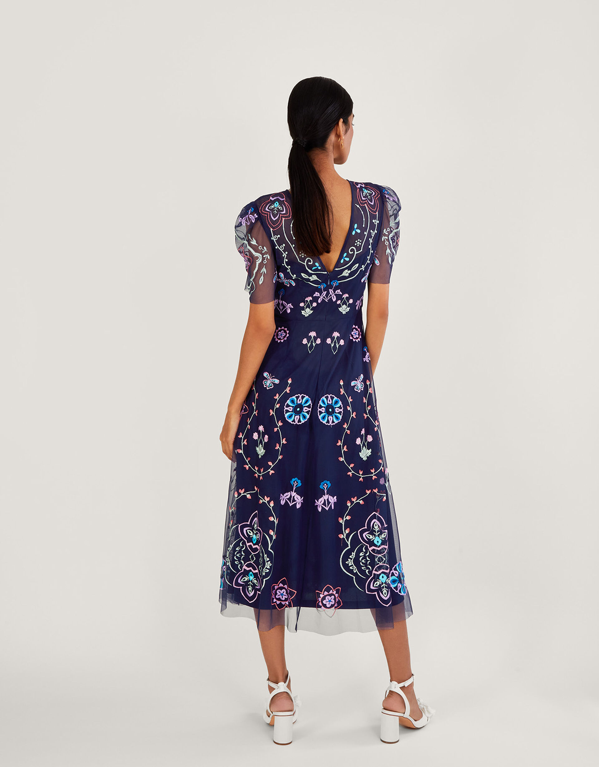 Leor Embroidered Midi Dress in Recycled Polyester Blue