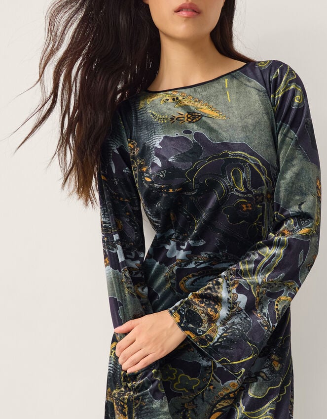 Delta Print Velvet Jersey Midi Dress Black | Midi Dresses | Monsoon Global.