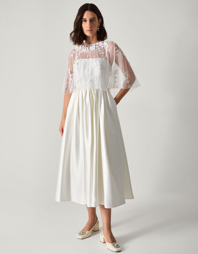 Celeste Floral Embellished Cape Satin Wedding Dress Ivory | Wedding ...