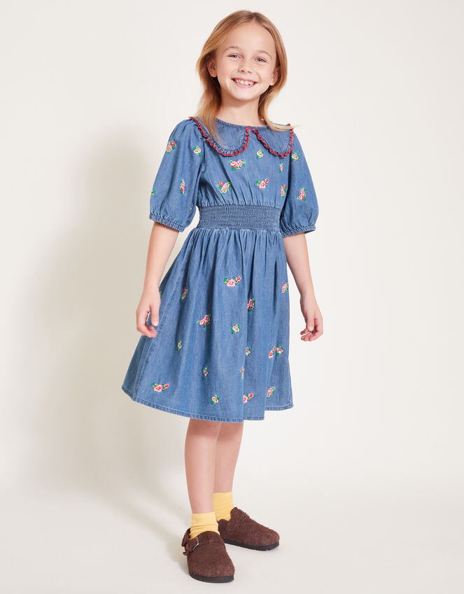 Floral Embroidered Chambray Dress Blue | Girls' Dresses | Monsoon US.