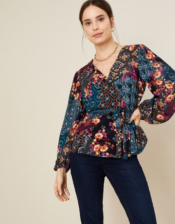 Patchwork Print Wrap Top Teal