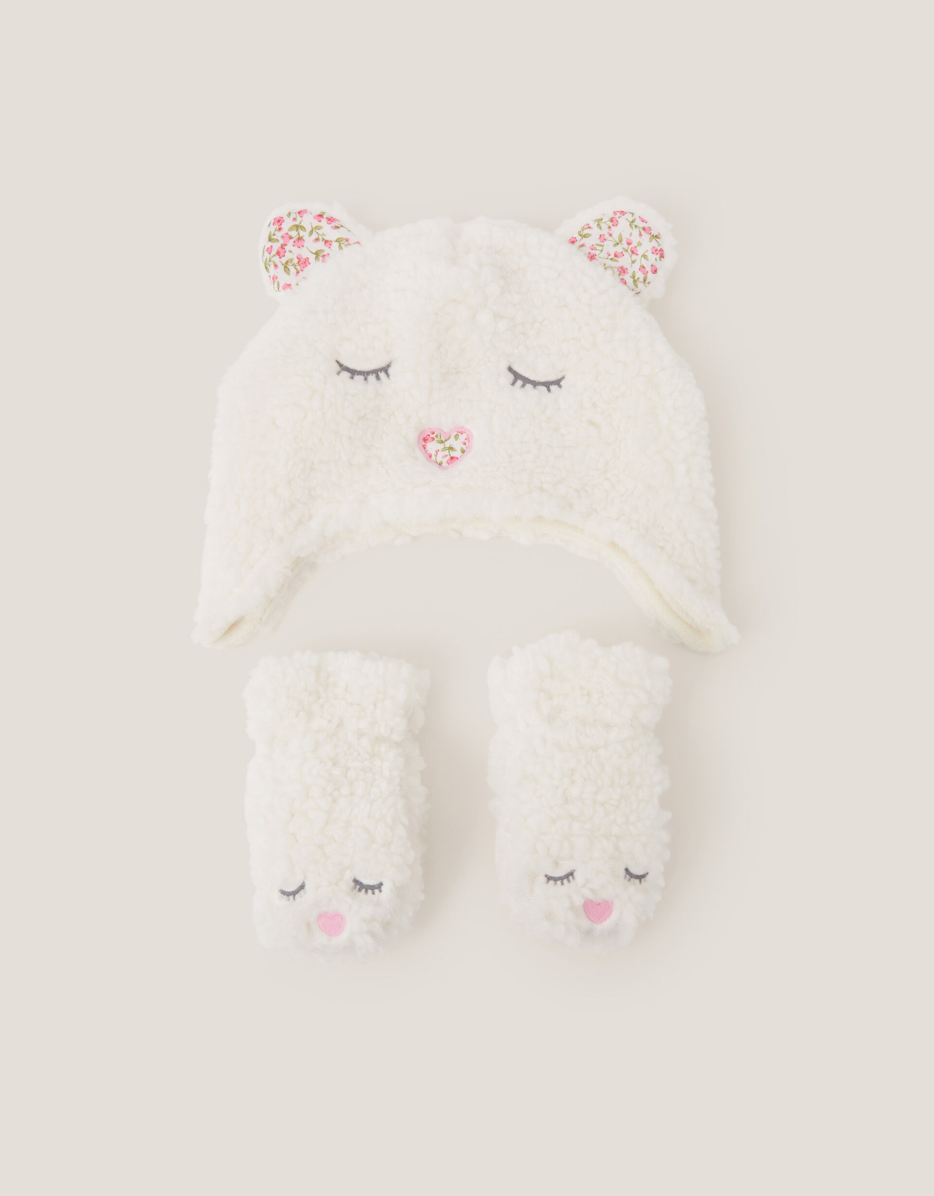 Baby Borg Bear Hat & Mitten Set Ivory | Hats & Scarves | Monsoon US.
